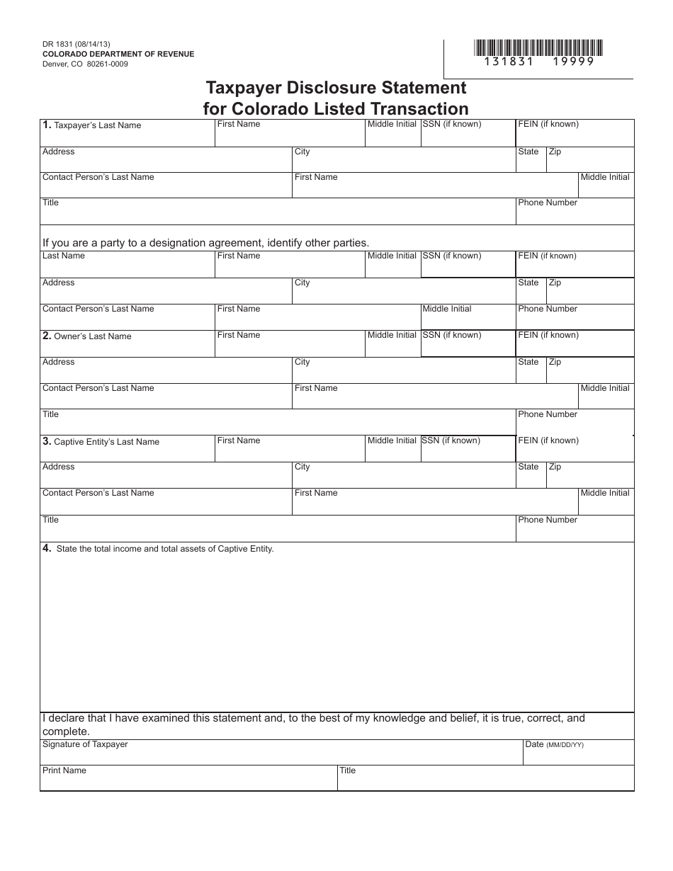 Form DR1831 - Fill Out, Sign Online and Download Fillable PDF, Colorado ...