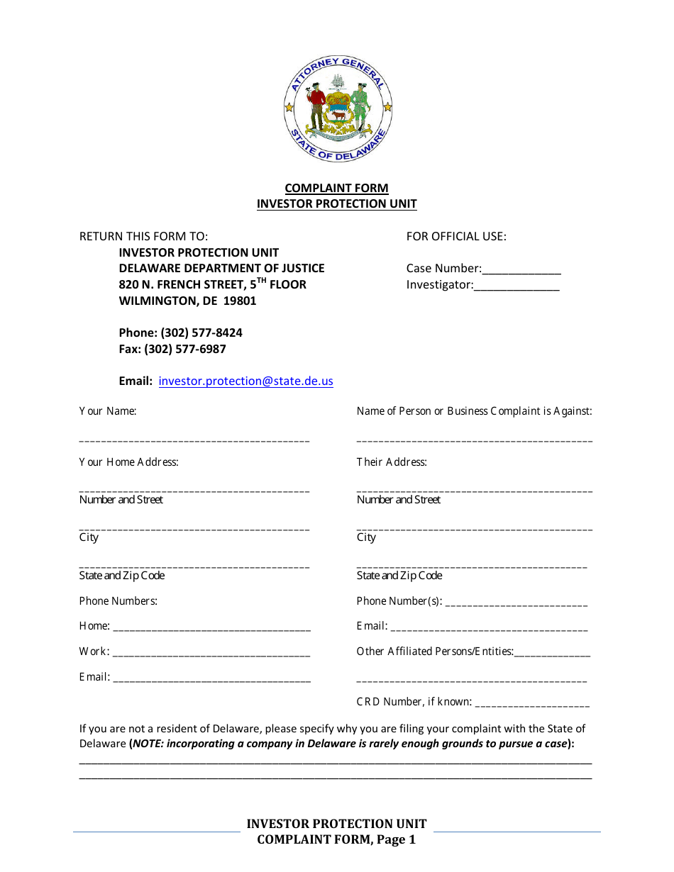 Delaware Investor Protection Unit Complaint Form - Fill Out, Sign ...
