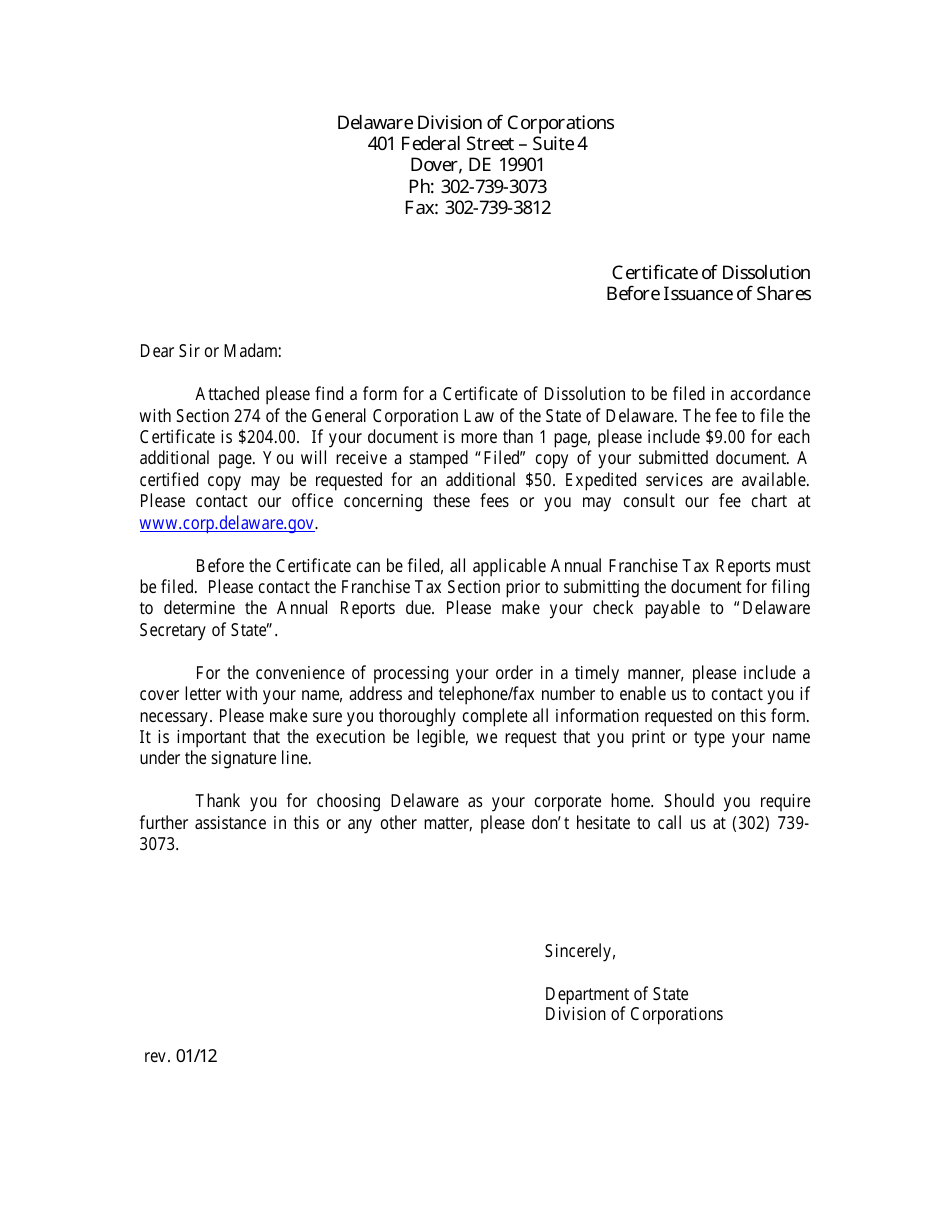 Delaware Certificate of Dissolution Before Issuance of Shares - Fill ...