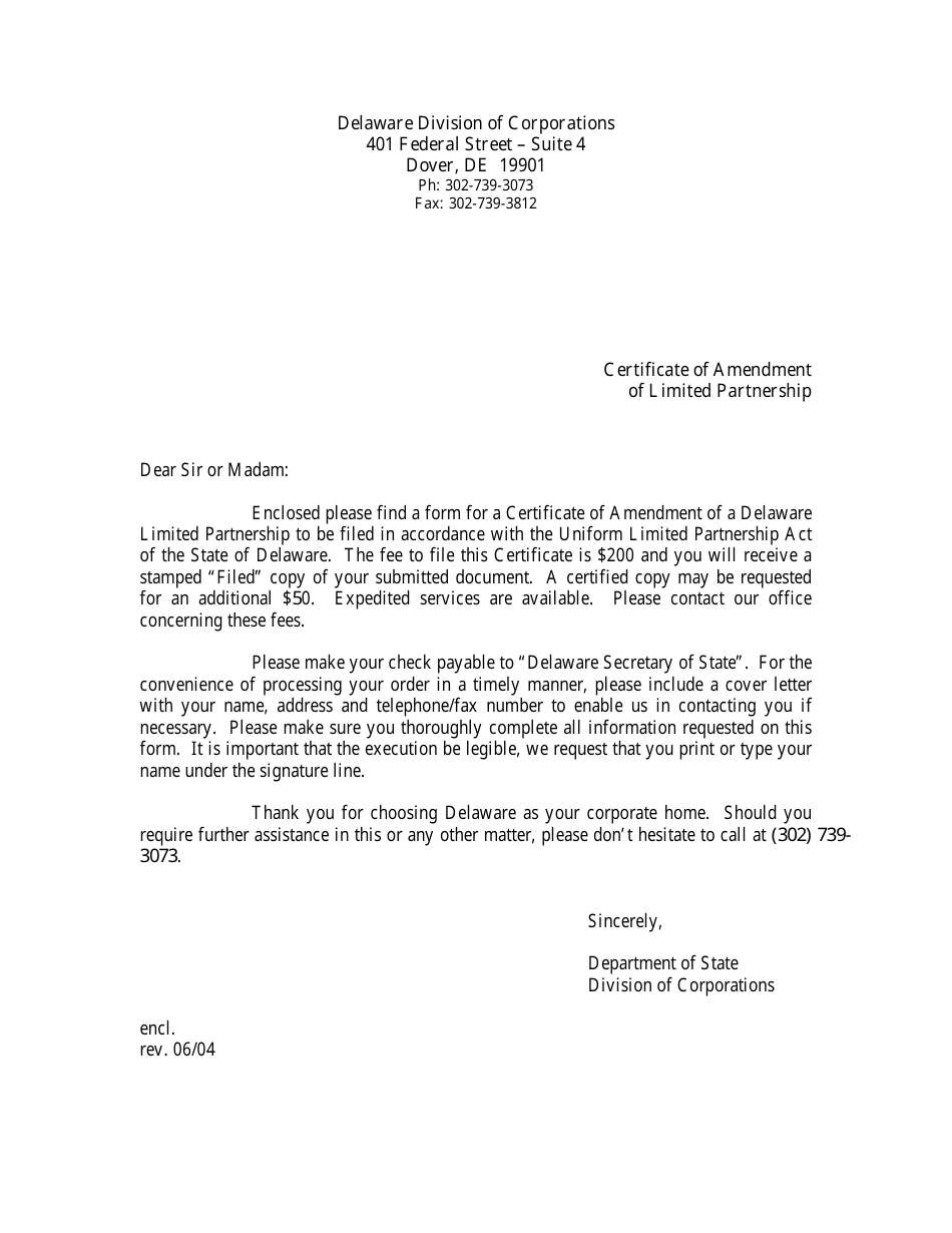Delaware Amendment to the Certificate of Limited Partnership Form ...
