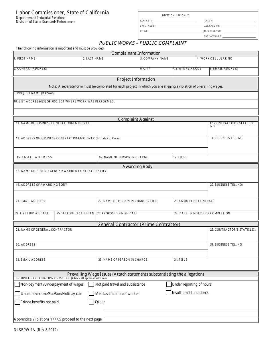 DLSE Form PW1A - Fill Out, Sign Online and Download Fillable PDF ...