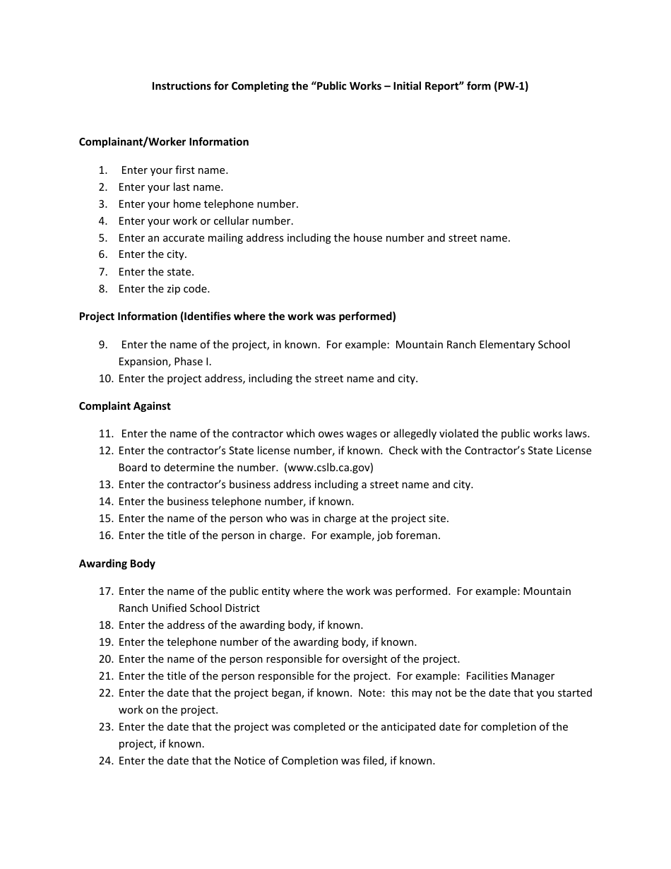 Download Instructions for DLSE Form PW-1 Public Works - Initial Report ...
