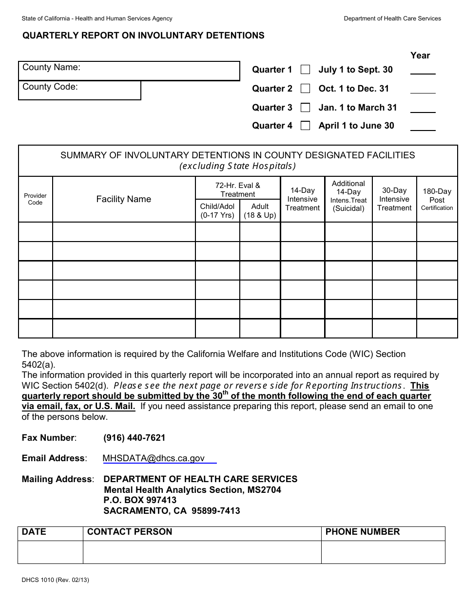 Form DHCS1010 - Fill Out, Sign Online and Download Fillable PDF ...