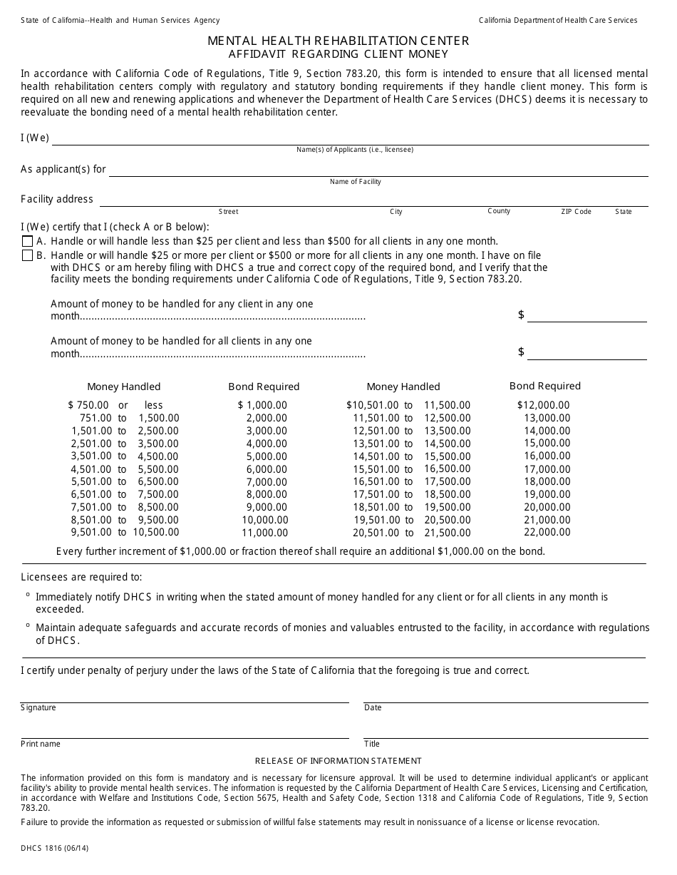 Form DHCS1816 - Fill Out, Sign Online and Download Fillable PDF ...