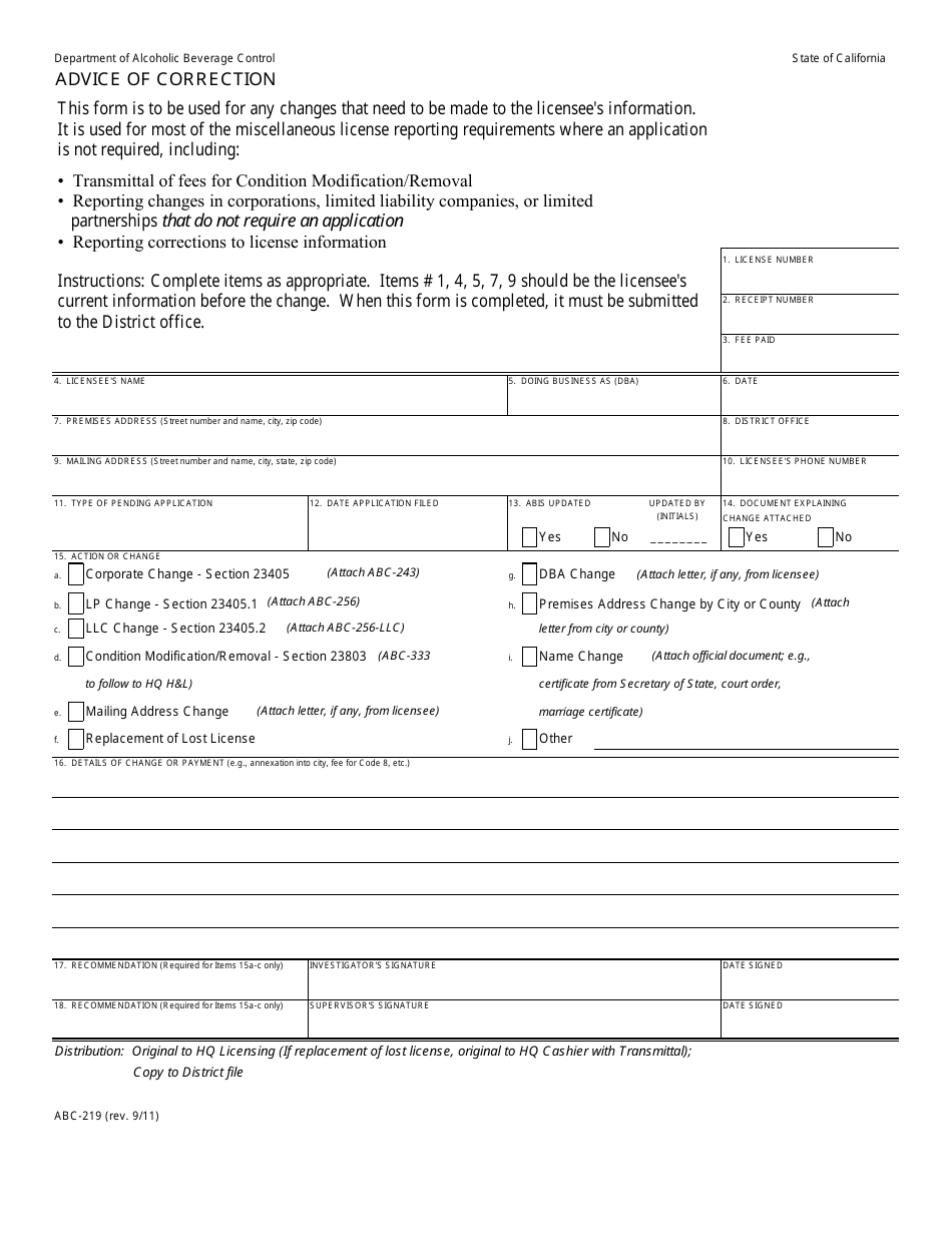 Form ABC-219 - Fill Out, Sign Online and Download Fillable PDF ...