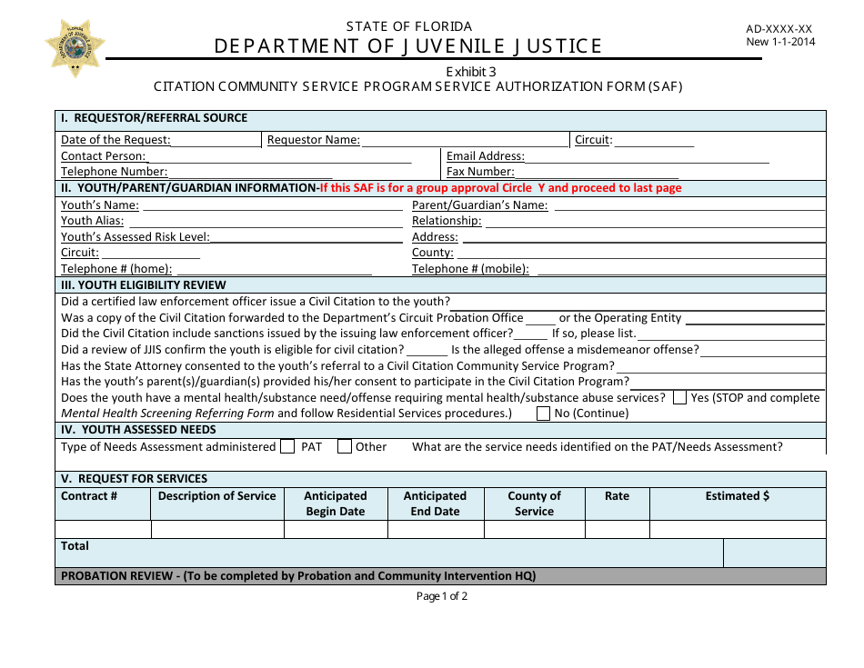 Florida Citation Community Service Program Service Authorization Form ...