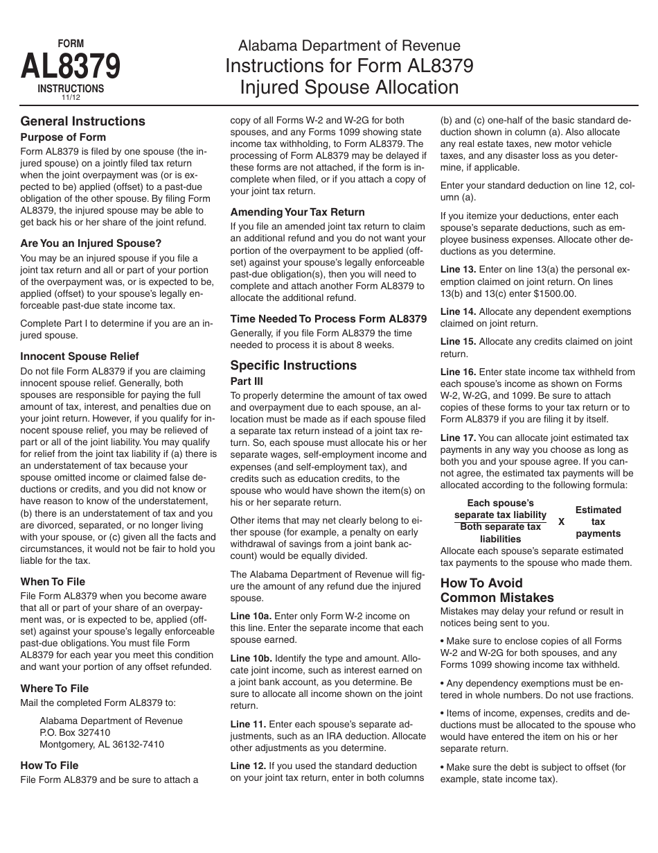 Download Instructions For Form AL8379 Injured Spouse Allocation PDF Download Instructions For Form AL8379 Injured Spouse Allocation PDF