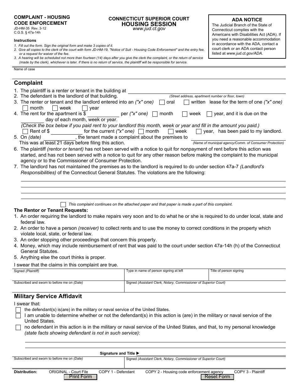Form JD-HM-35 Download Fillable PDF or Fill Online Complaint - Housing ...