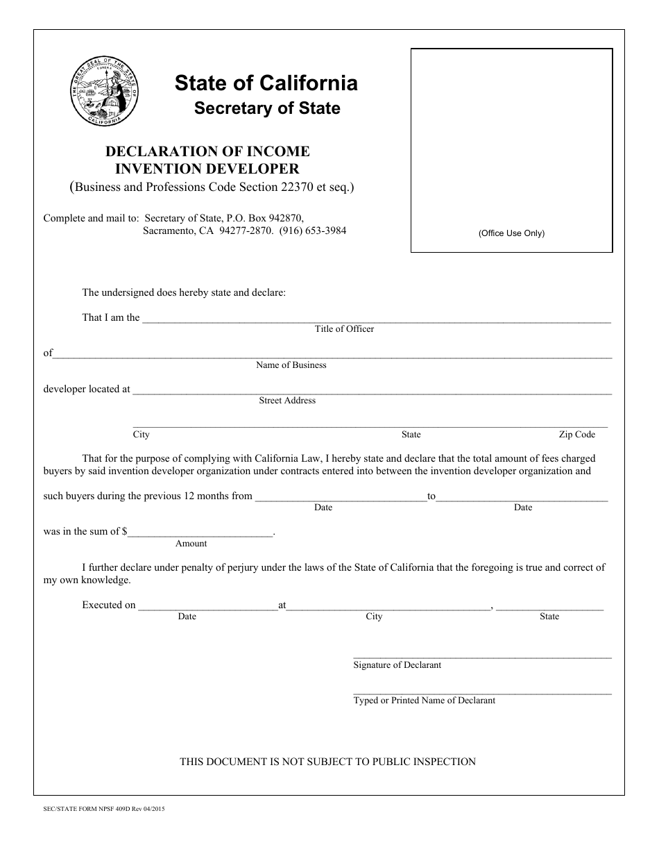 Form NPSF409D - Fill Out, Sign Online and Download Fillable PDF ...