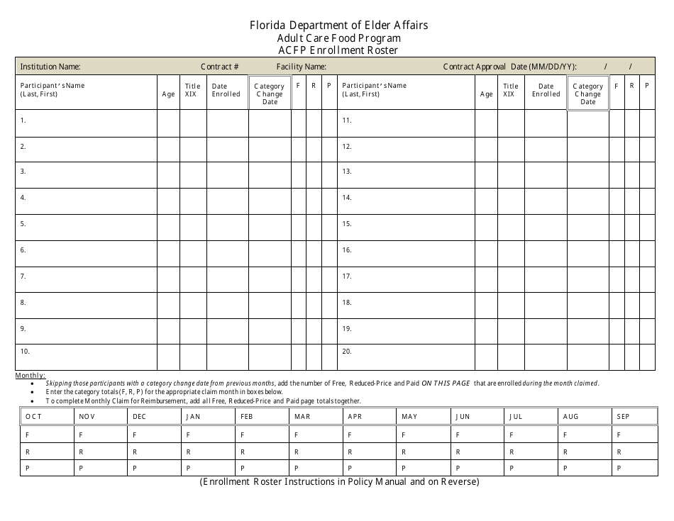 Florida Acfp Enrollment Roster - Adult Care Food Program - Fill Out ...