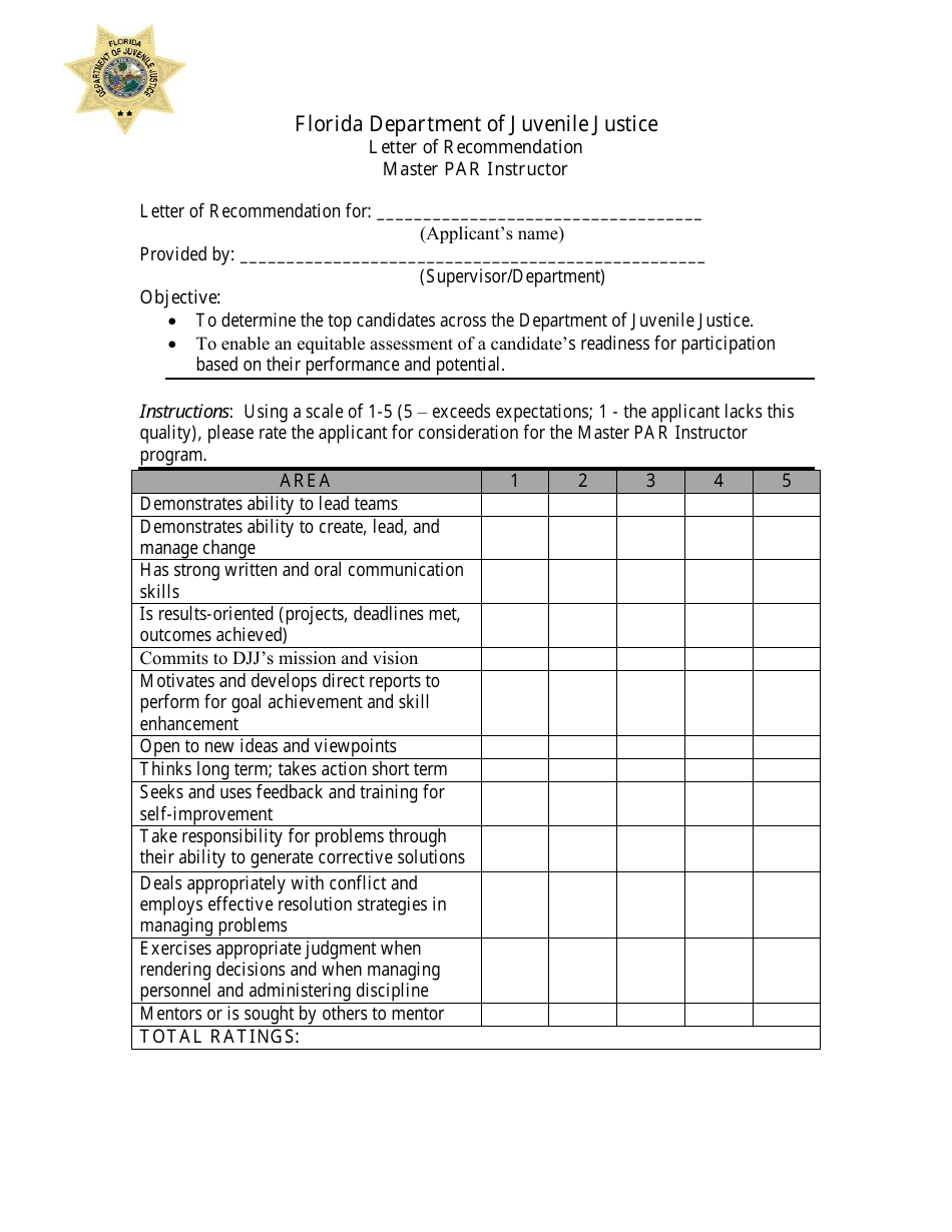 Florida Letter of Recommendation - Master Par Instructor - Fill Out, Sign Online and Download ...