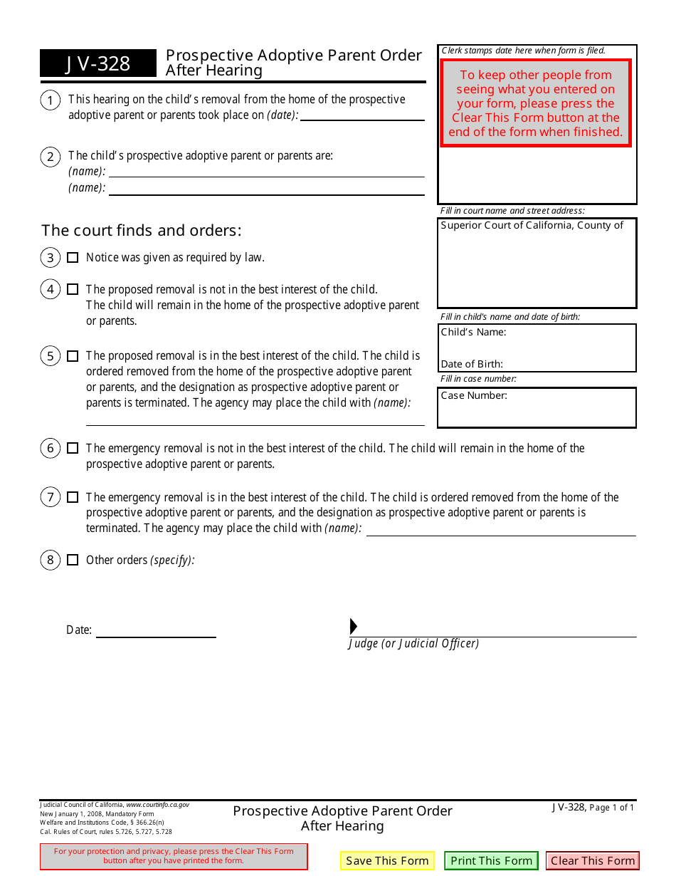 Form JV-328 - Fill Out, Sign Online and Download Fillable PDF ...