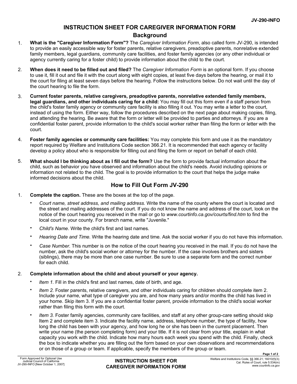 Download Instructions for Form JV-290 Caregiver Information Form PDF ...