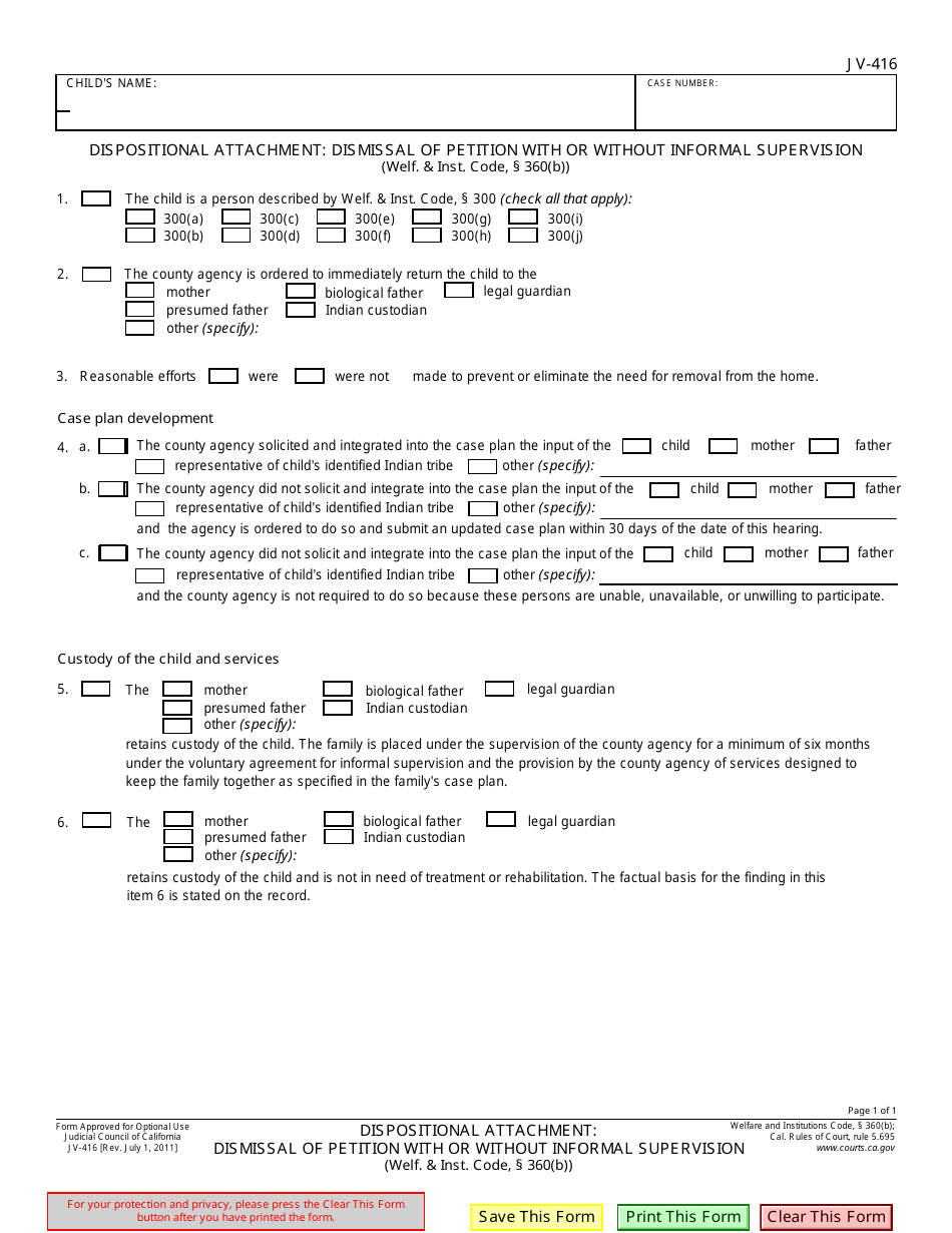 Form JV-416 - Fill Out, Sign Online and Download Fillable PDF ...