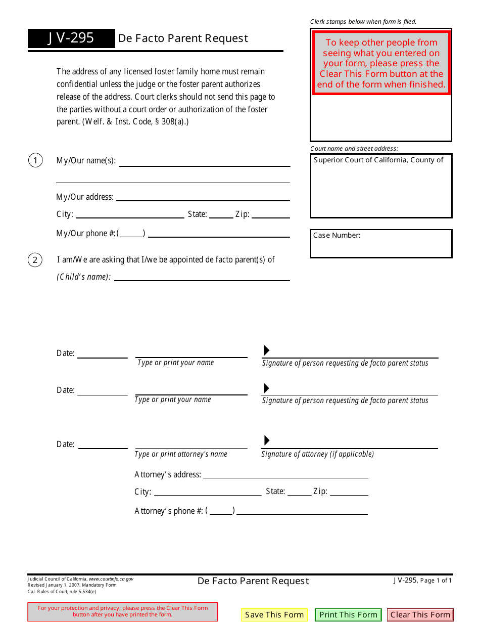 Form JV-295 - Fill Out, Sign Online and Download Fillable PDF ...