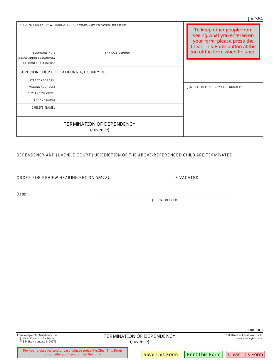 Form JV-364 - Fill Out, Sign Online and Download Fillable PDF ...