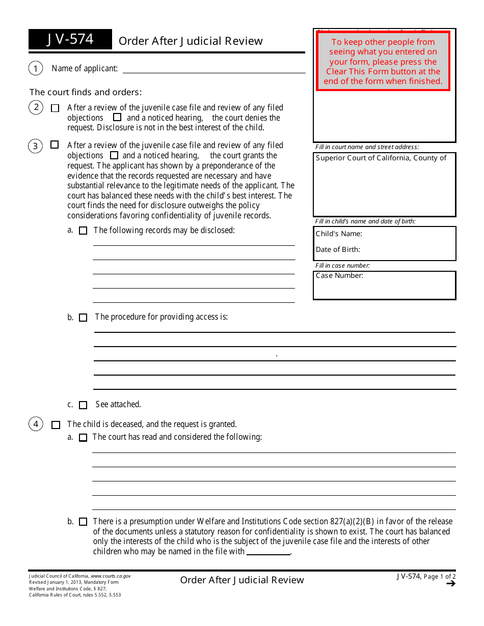 Form JV-574 - Fill Out, Sign Online and Download Fillable PDF ...