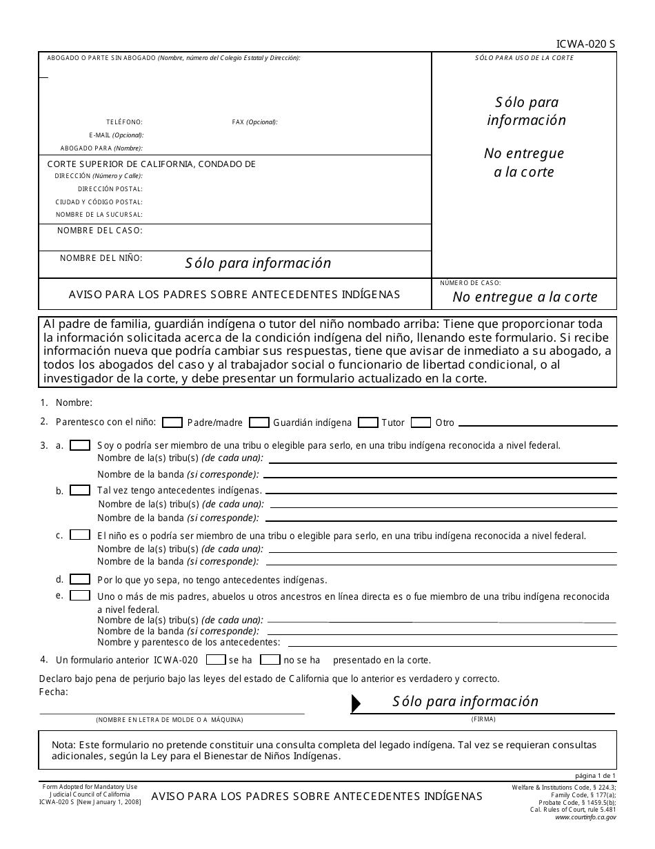Formulario ICWA-020 S - Fill Out, Sign Online and Download Printable ...