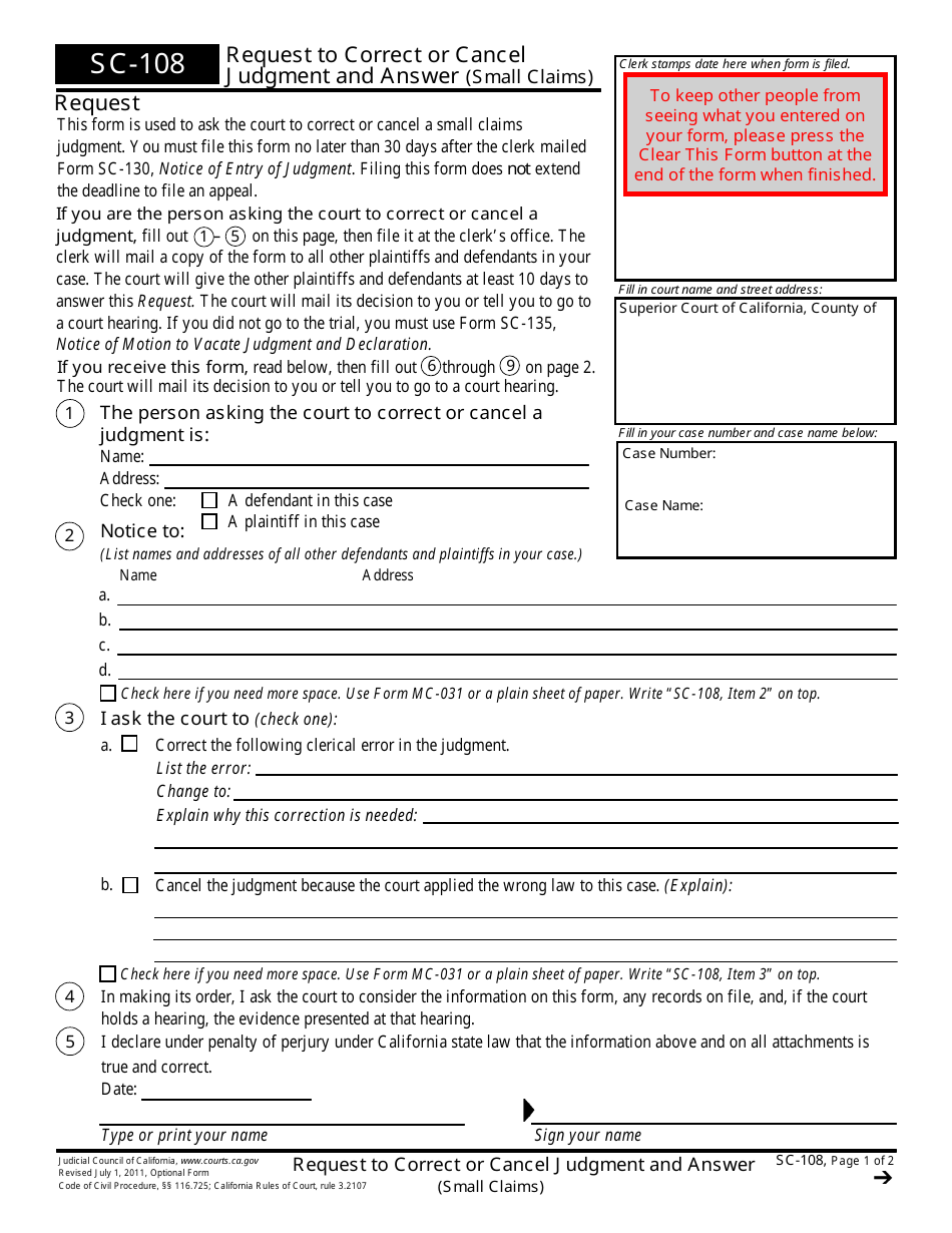 Form SC-108 - Fill Out, Sign Online and Download Fillable PDF ...