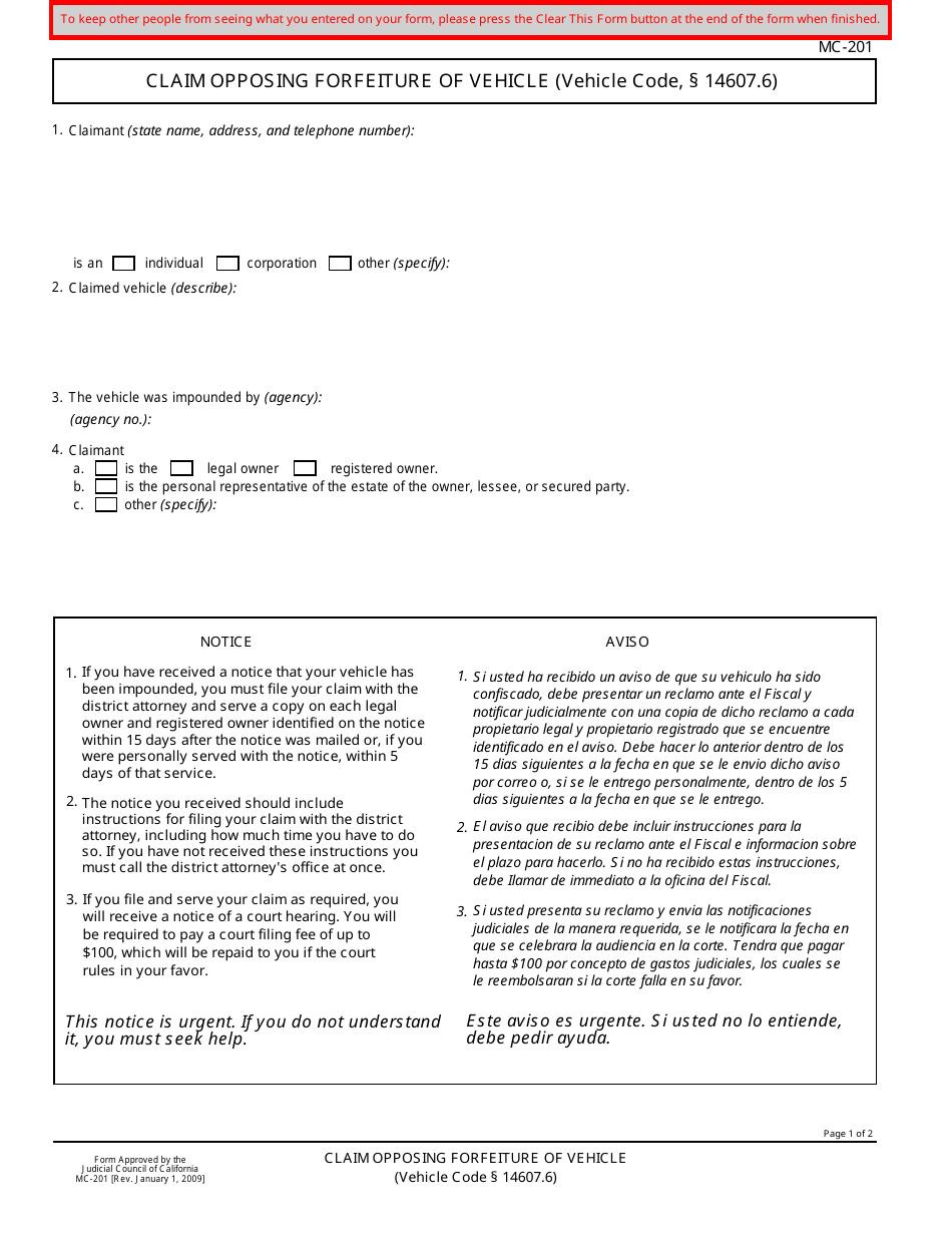 Form MC-201 - Fill Out, Sign Online and Download Fillable PDF ...