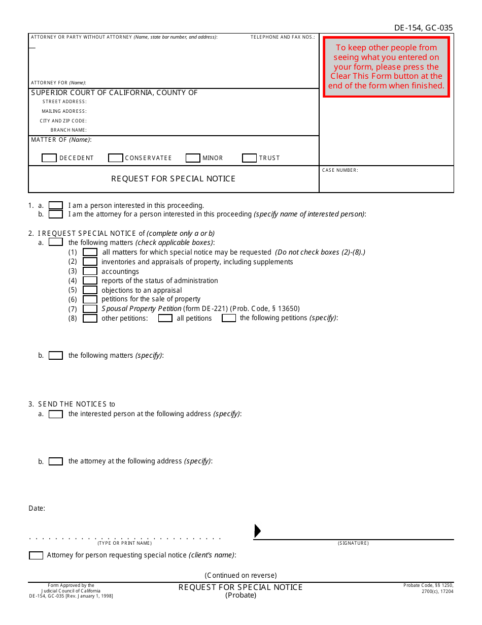 Form DE-154 (GC-035) - Fill Out, Sign Online and Download Fillable PDF ...