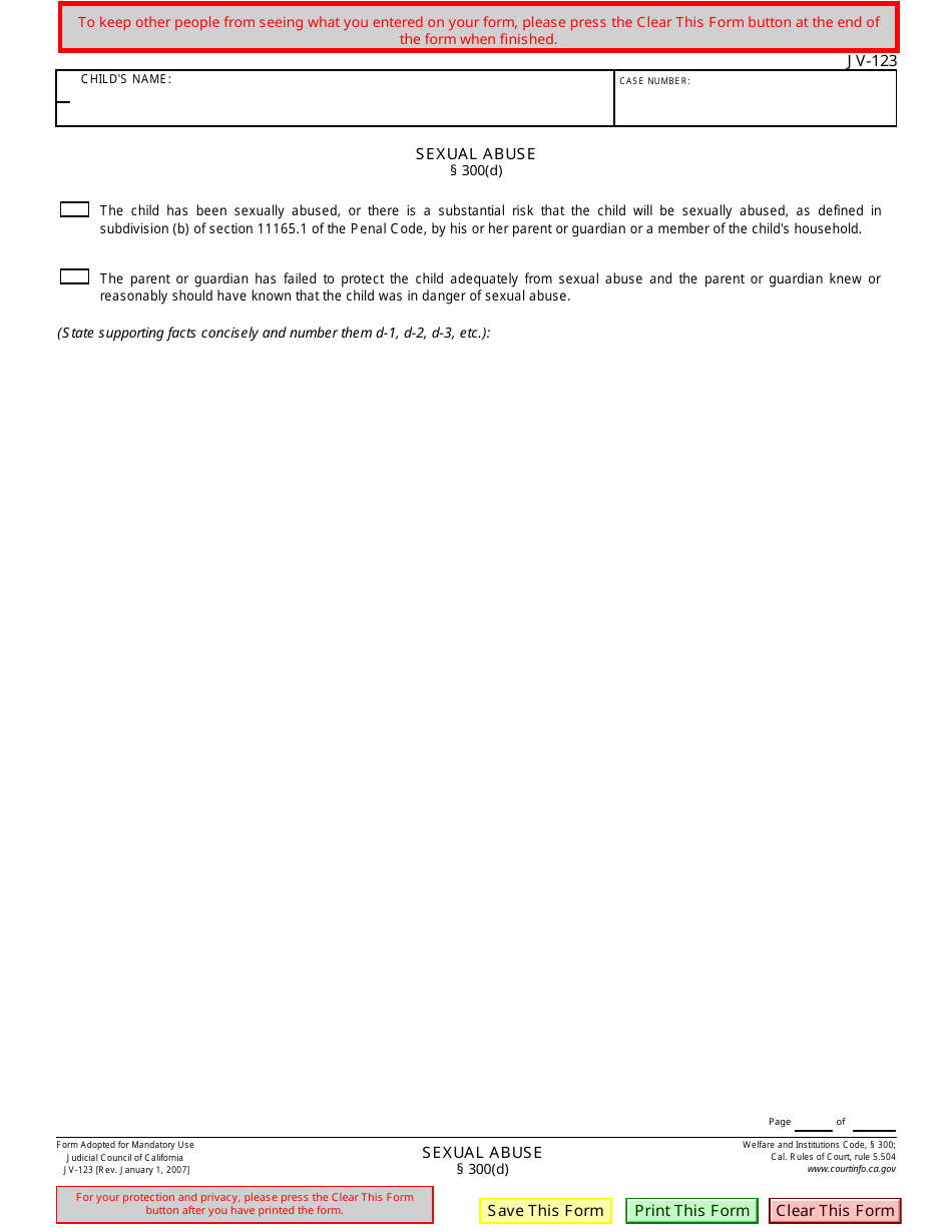 Form JV-123 - Fill Out, Sign Online and Download Fillable PDF ...