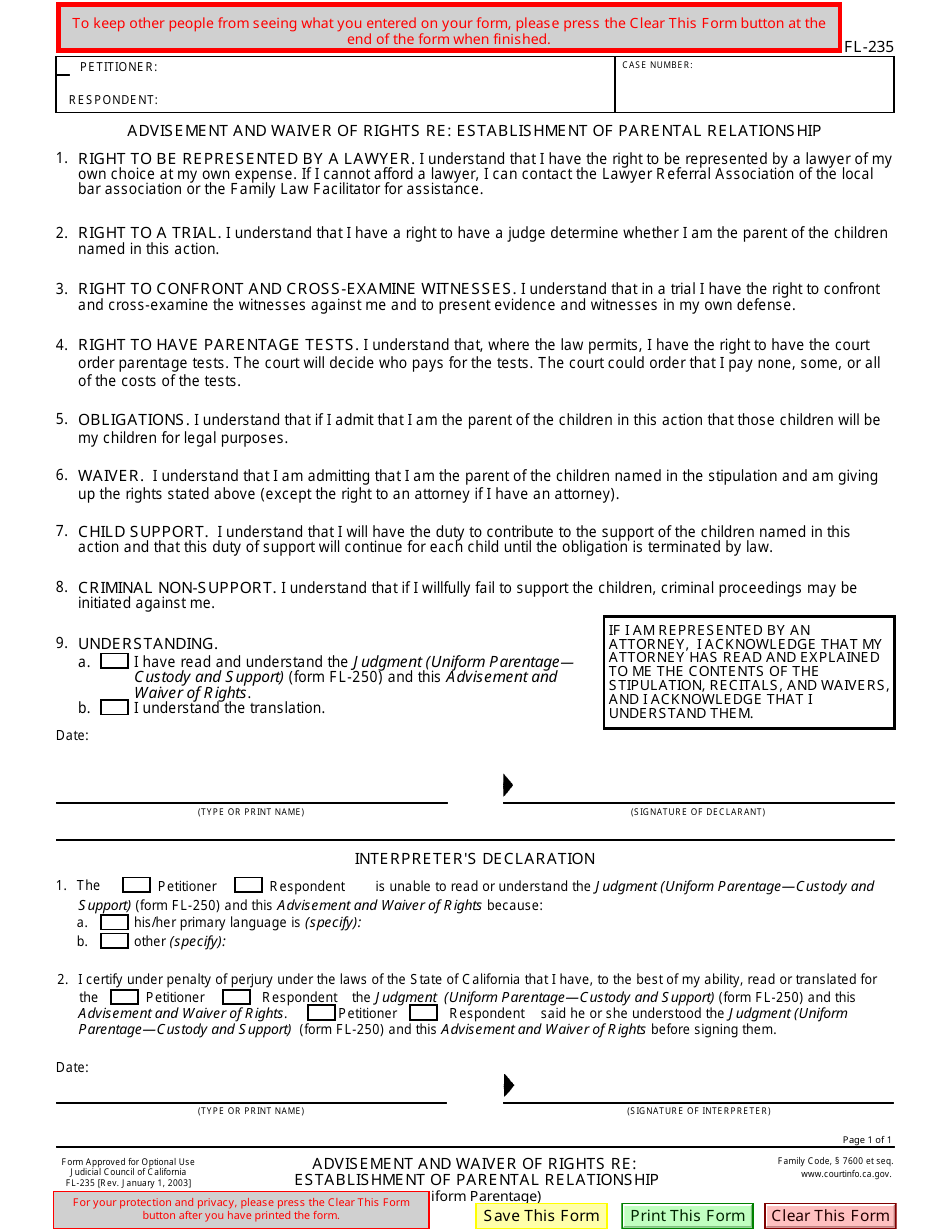 Form FL-235 - Fill Out, Sign Online and Download Fillable PDF ...