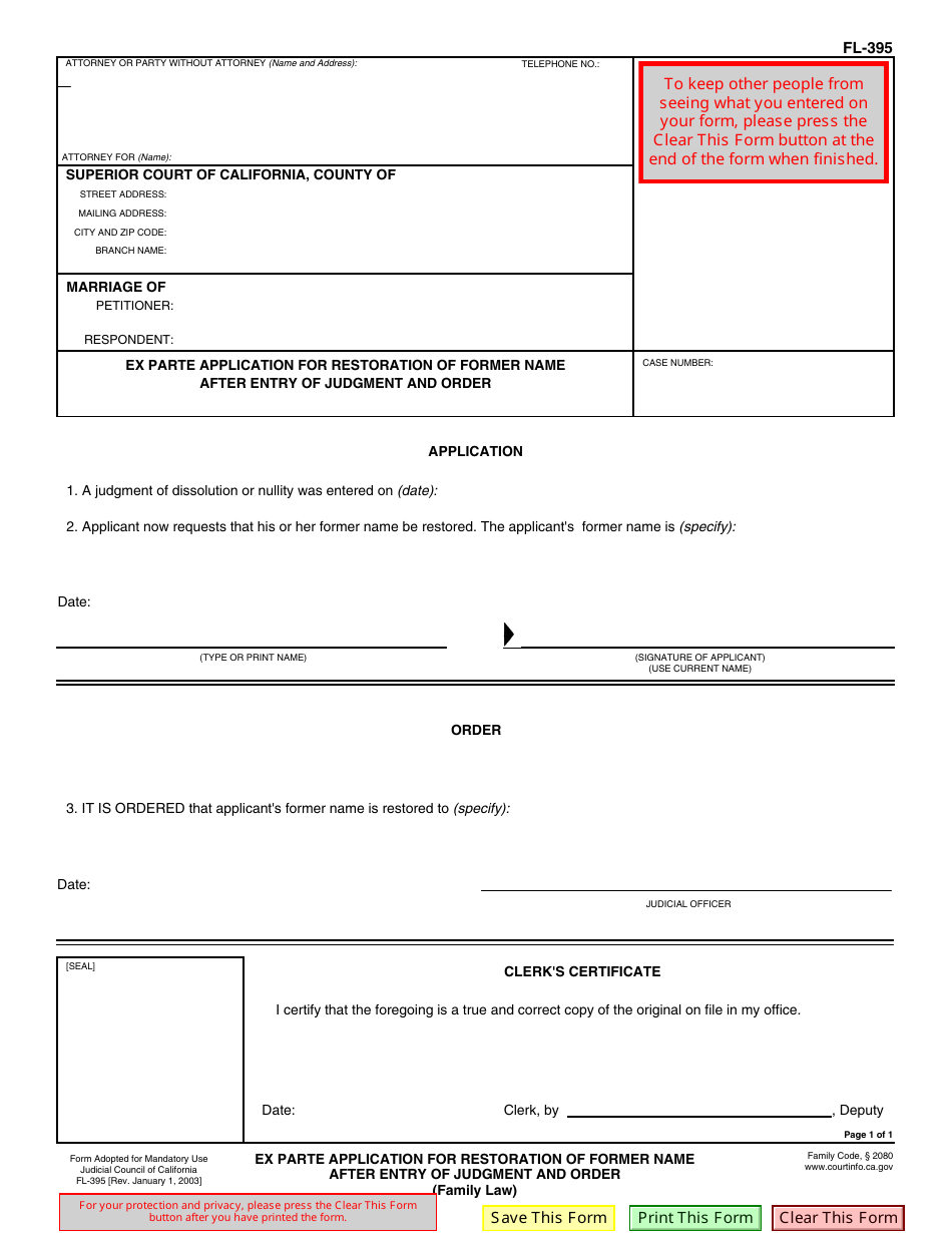 Form FL-395 - Fill Out, Sign Online and Download Fillable PDF ...