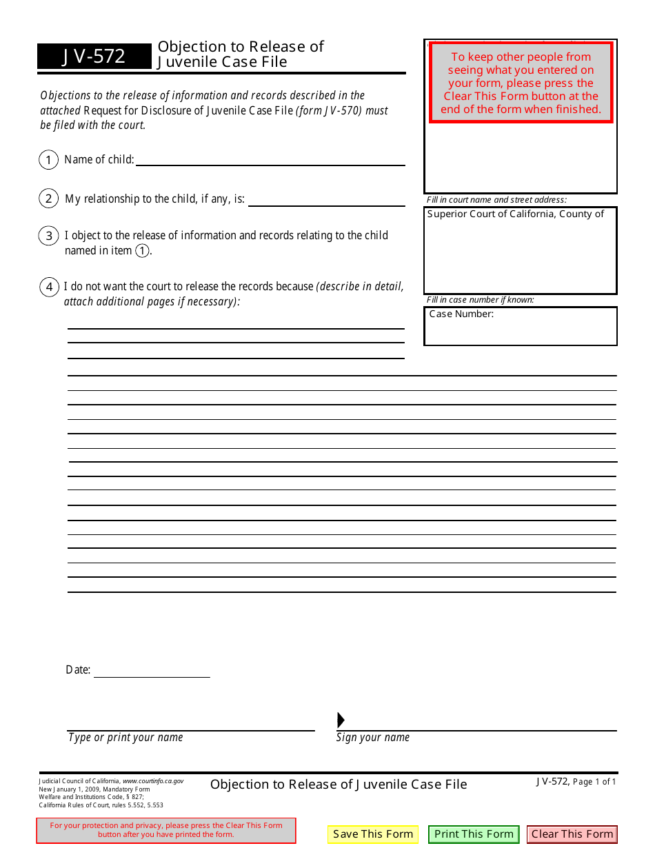 Form JV-572 - Fill Out, Sign Online and Download Fillable PDF ...