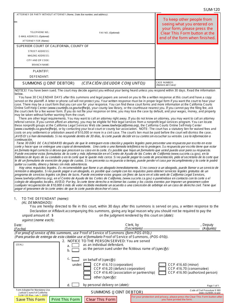 Form SUM-120 - Fill Out, Sign Online and Download Fillable PDF ...