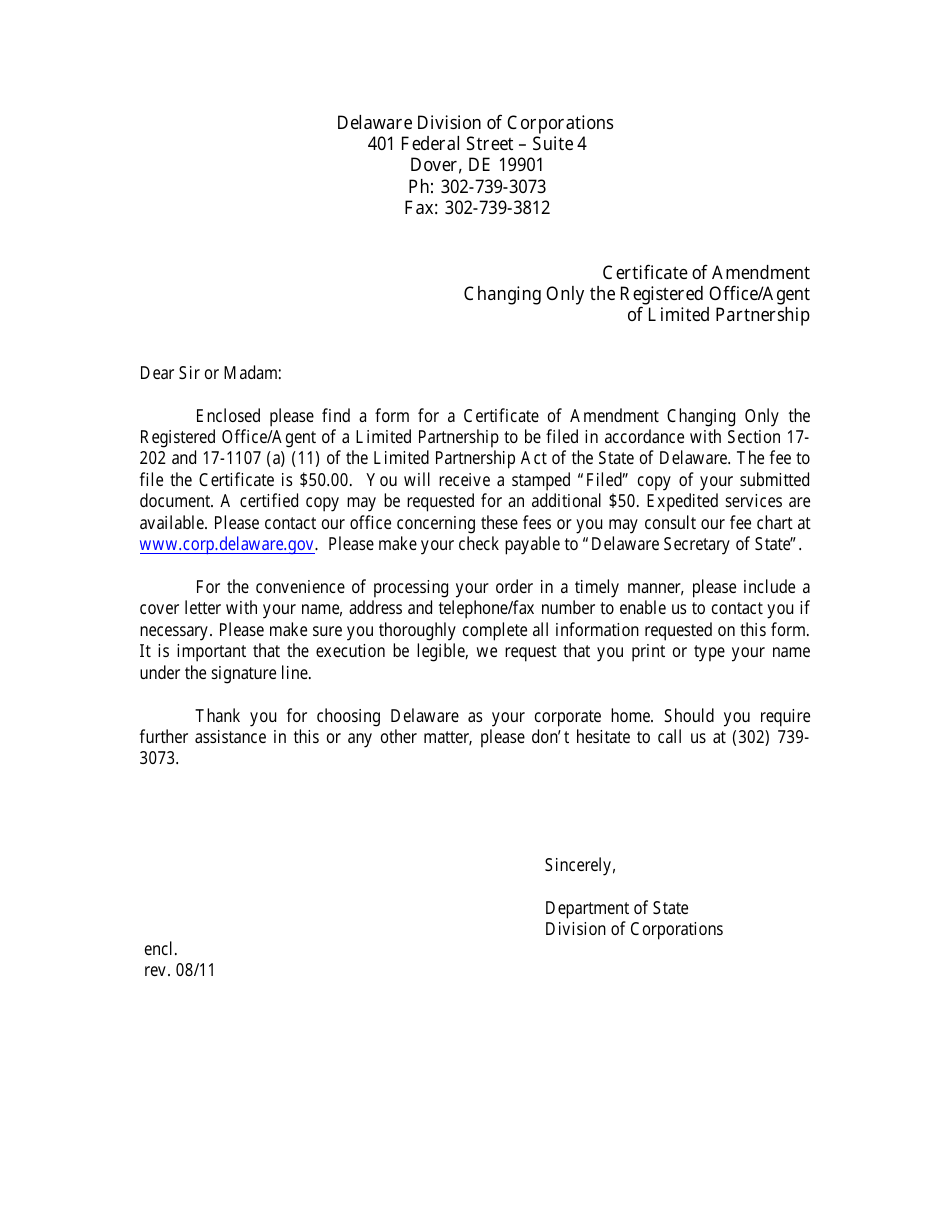 Delaware Certificate of Amendment Changing Only the Registered Office ...