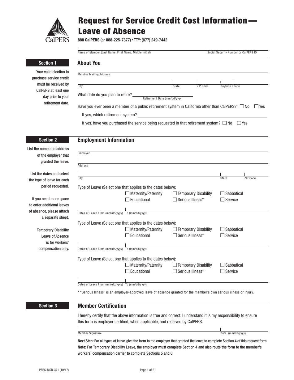 Form PERS-MSD-371 - Fill Out, Sign Online and Download Printable PDF ...