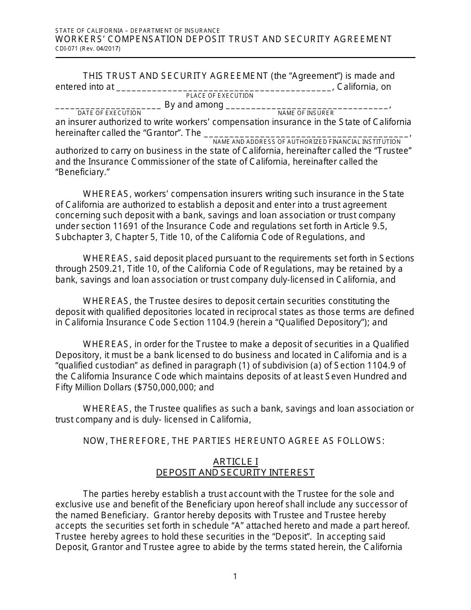 Form CDI-071 - Fill Out, Sign Online and Download Fillable PDF ...