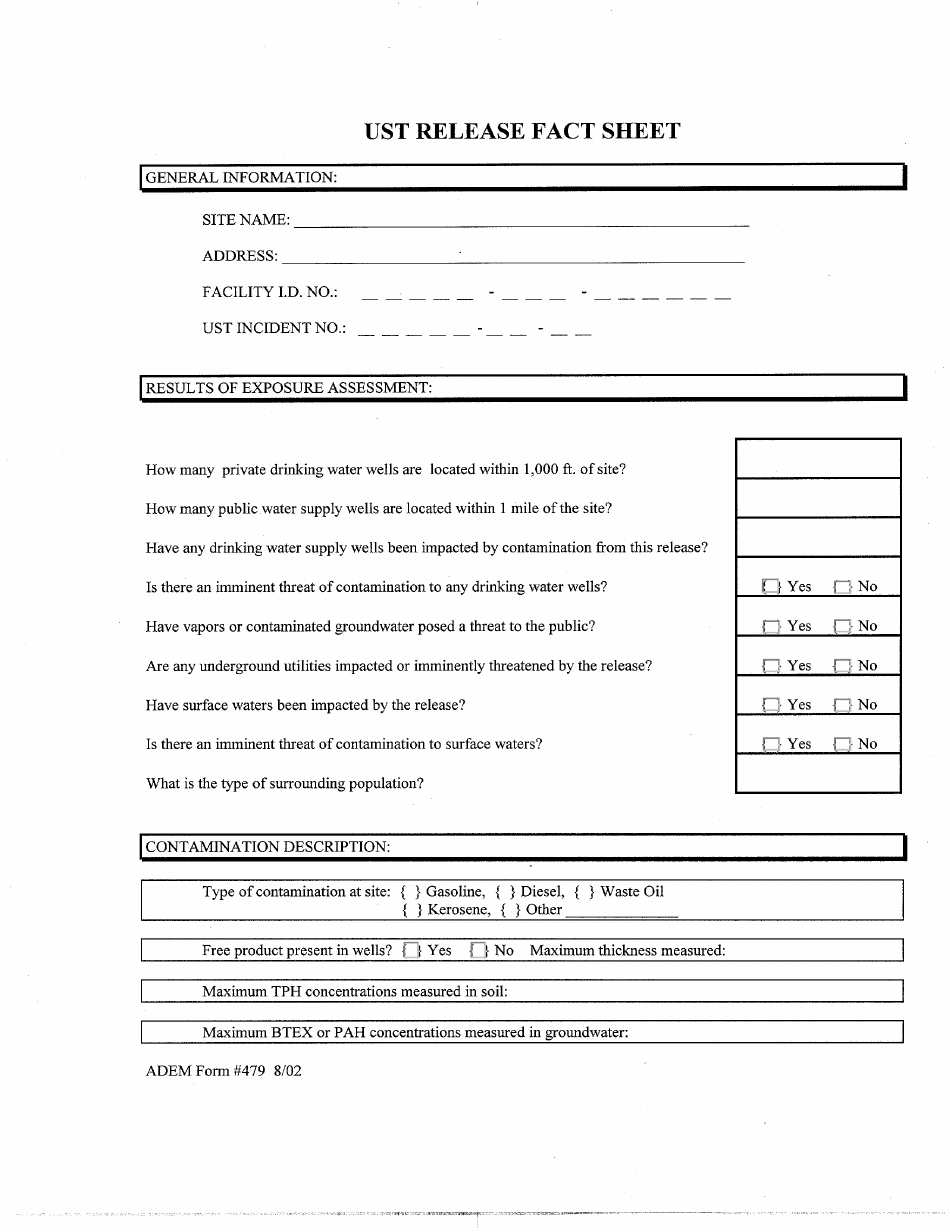 ADEM Form 479 Download Fillable PDF or Fill Online Ust Release Fact ...