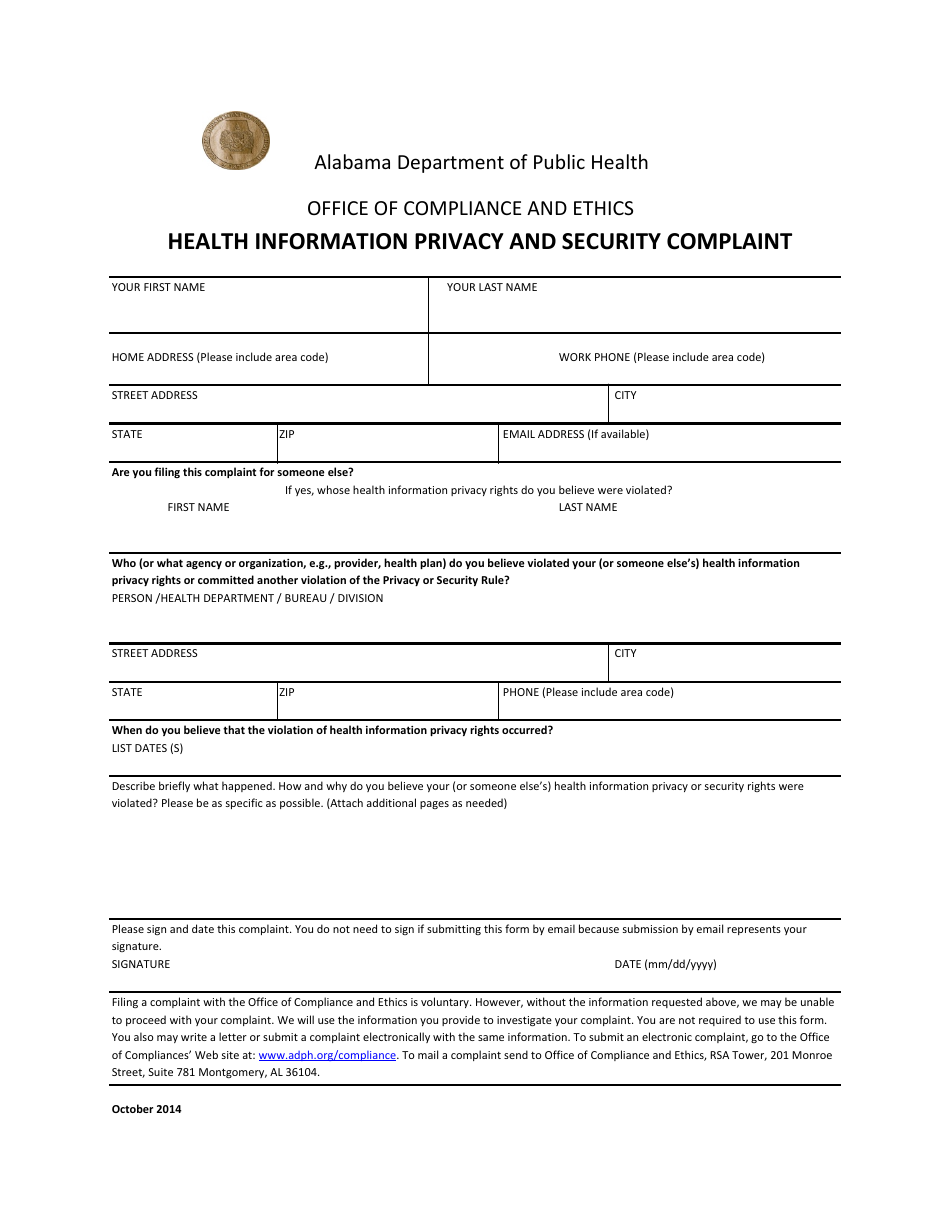 Alabama Health Information Privacy and Security Complaint Form - Fill ...