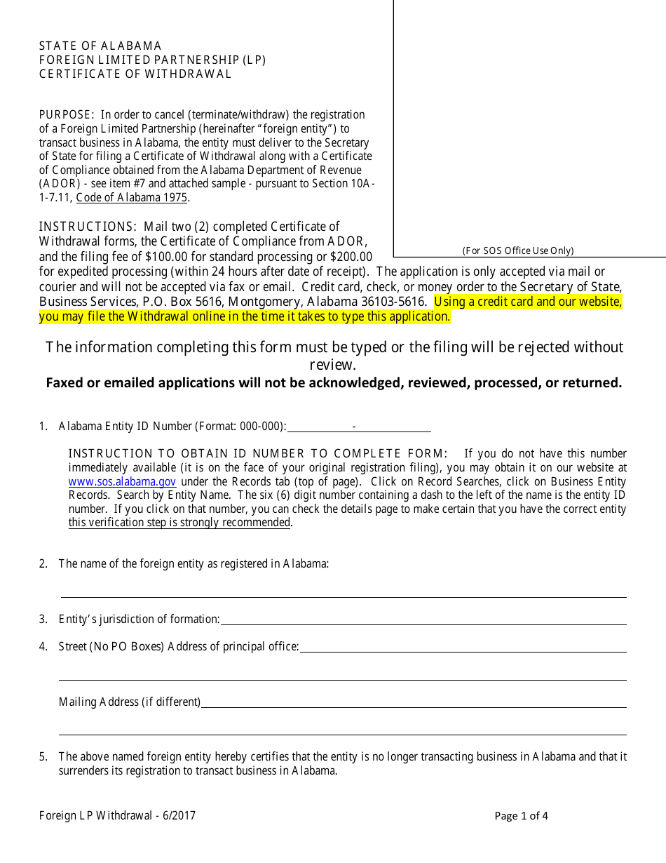 Alabama Foreign Limited Partnership (Lp) Certificate of Withdrawal ...