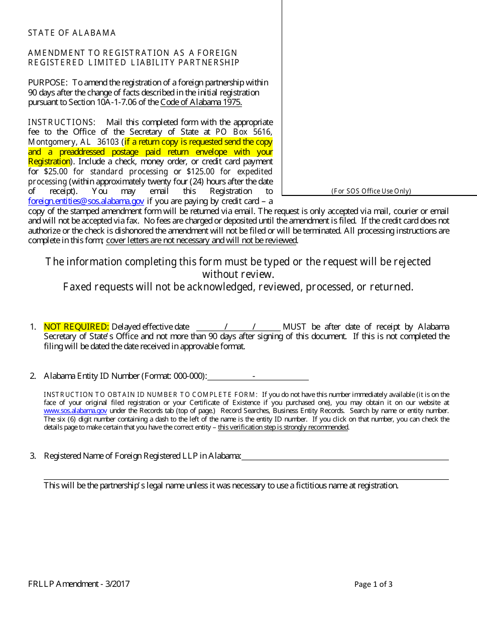Alabama Amendment to Registration as a Foreign Registered Limited ...