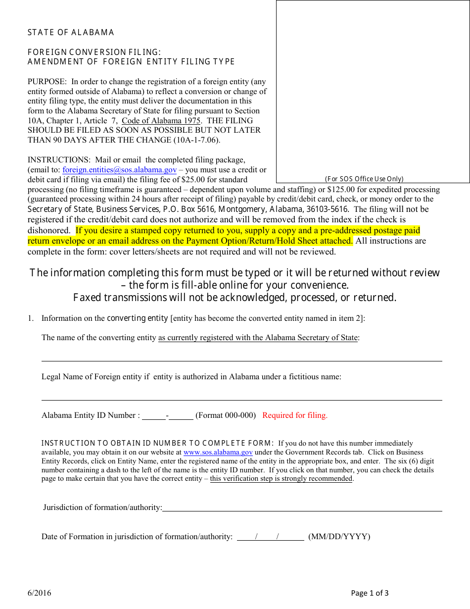 Alabama Foreign Conversion Filing - Amendment of Foreign Entity Filing ...