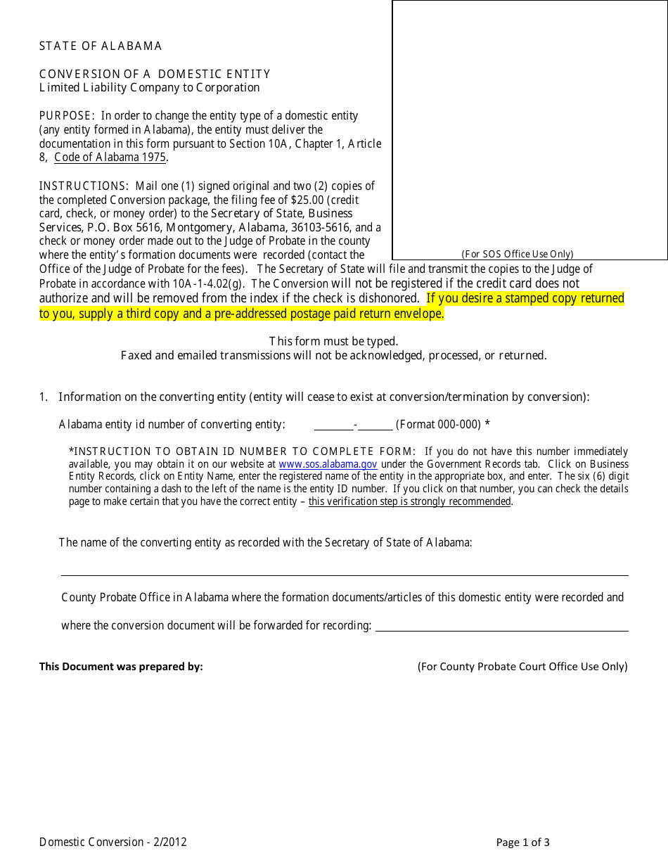 Alabama Conversion of a Domestic Entity - Limited Liability Company to ...