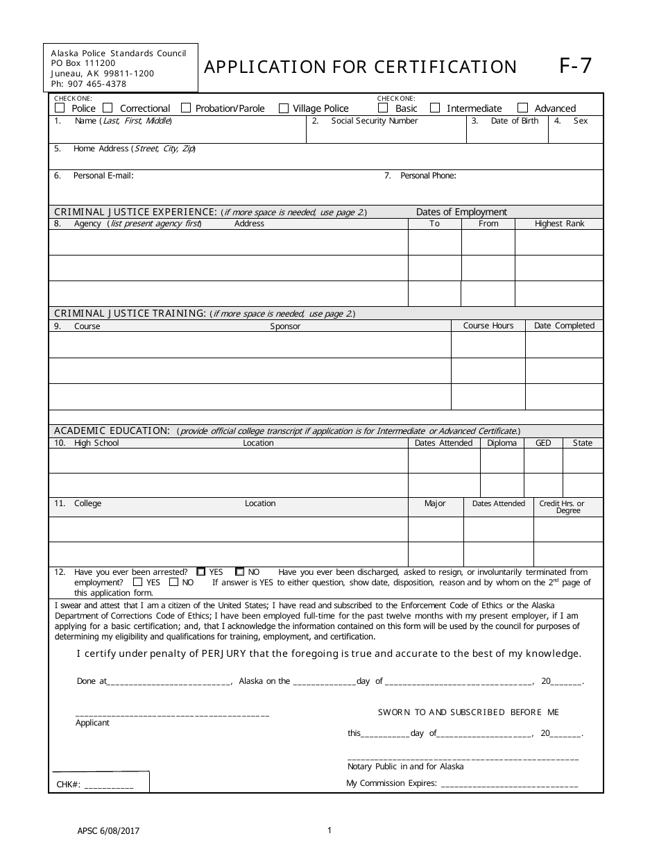 Form F-7 - Fill Out, Sign Online and Download Fillable PDF, Alaska ...