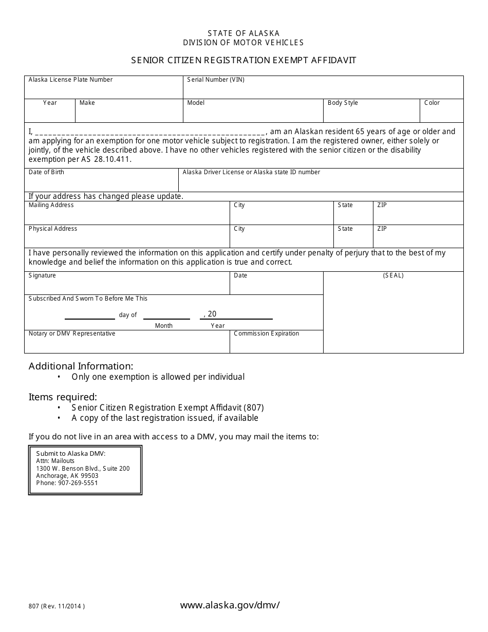 Form 807 - Fill Out, Sign Online and Download Fillable PDF, Alaska ...