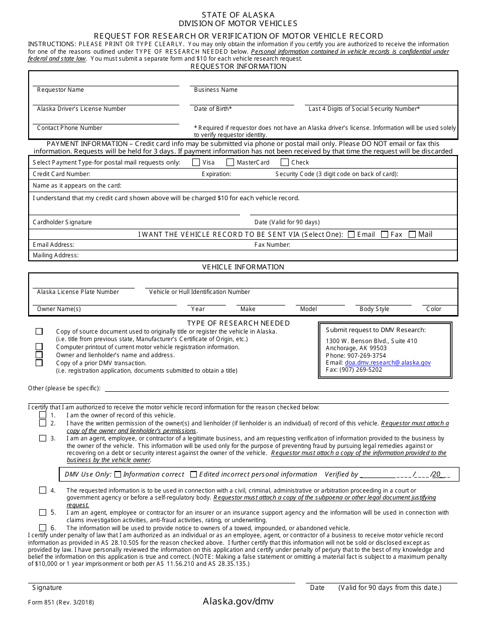 Form 851 - Fill Out, Sign Online and Download Fillable PDF, Alaska ...