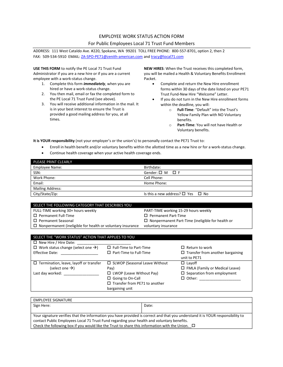 Alaska Employee Work Status Action Form for Public Employees Local 71 ...