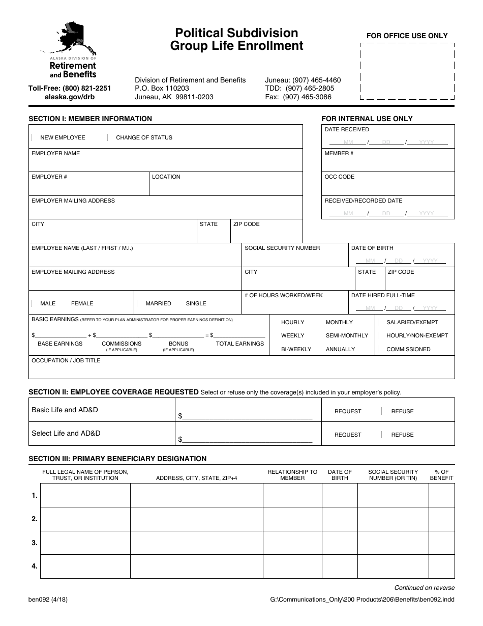 Form BEN092 - Fill Out, Sign Online and Download Fillable PDF, Alaska ...