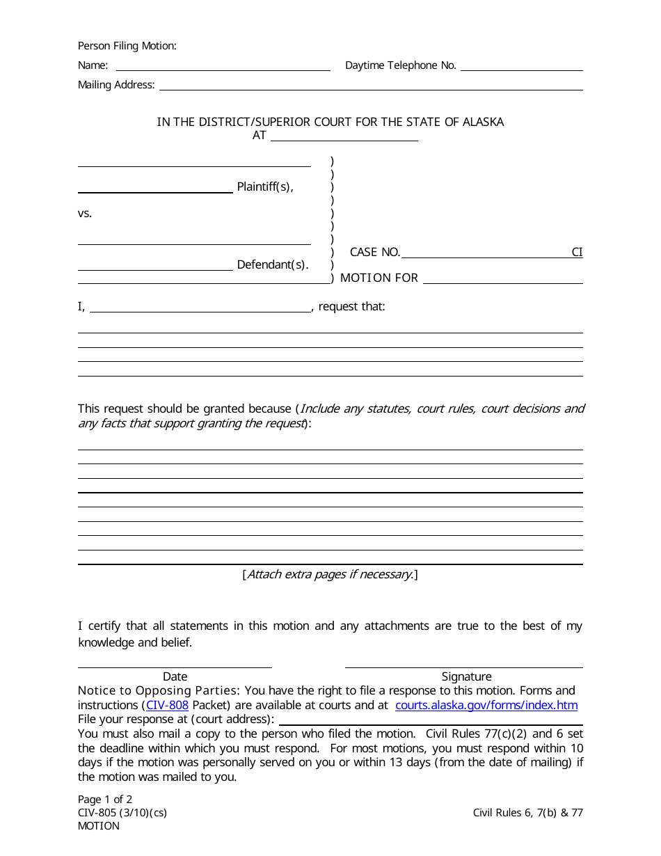 Form CIV-805 - Fill Out, Sign Online and Download Fillable PDF, Alaska ...