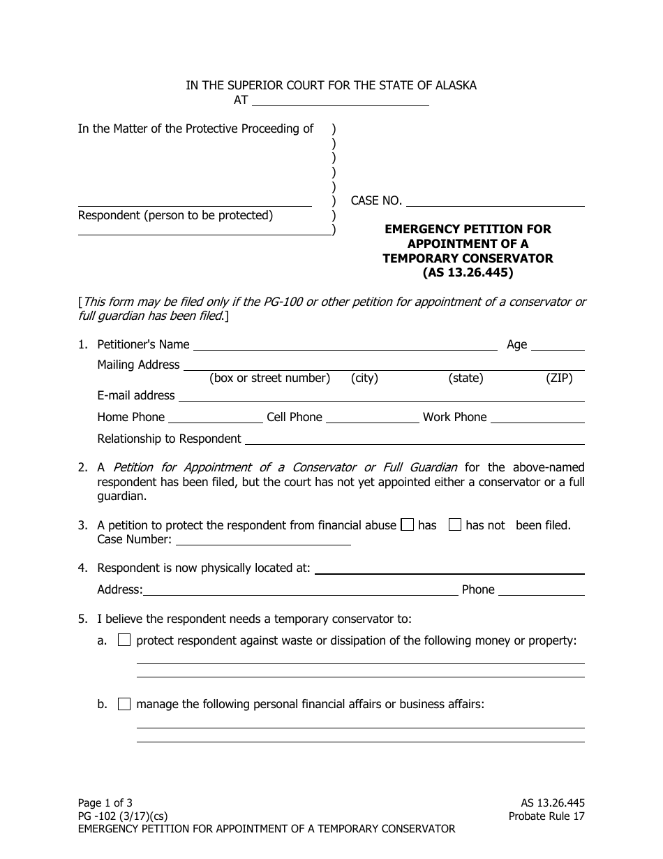 Form PG-102 Download Fillable PDF or Fill Online Emergency Petition for ...