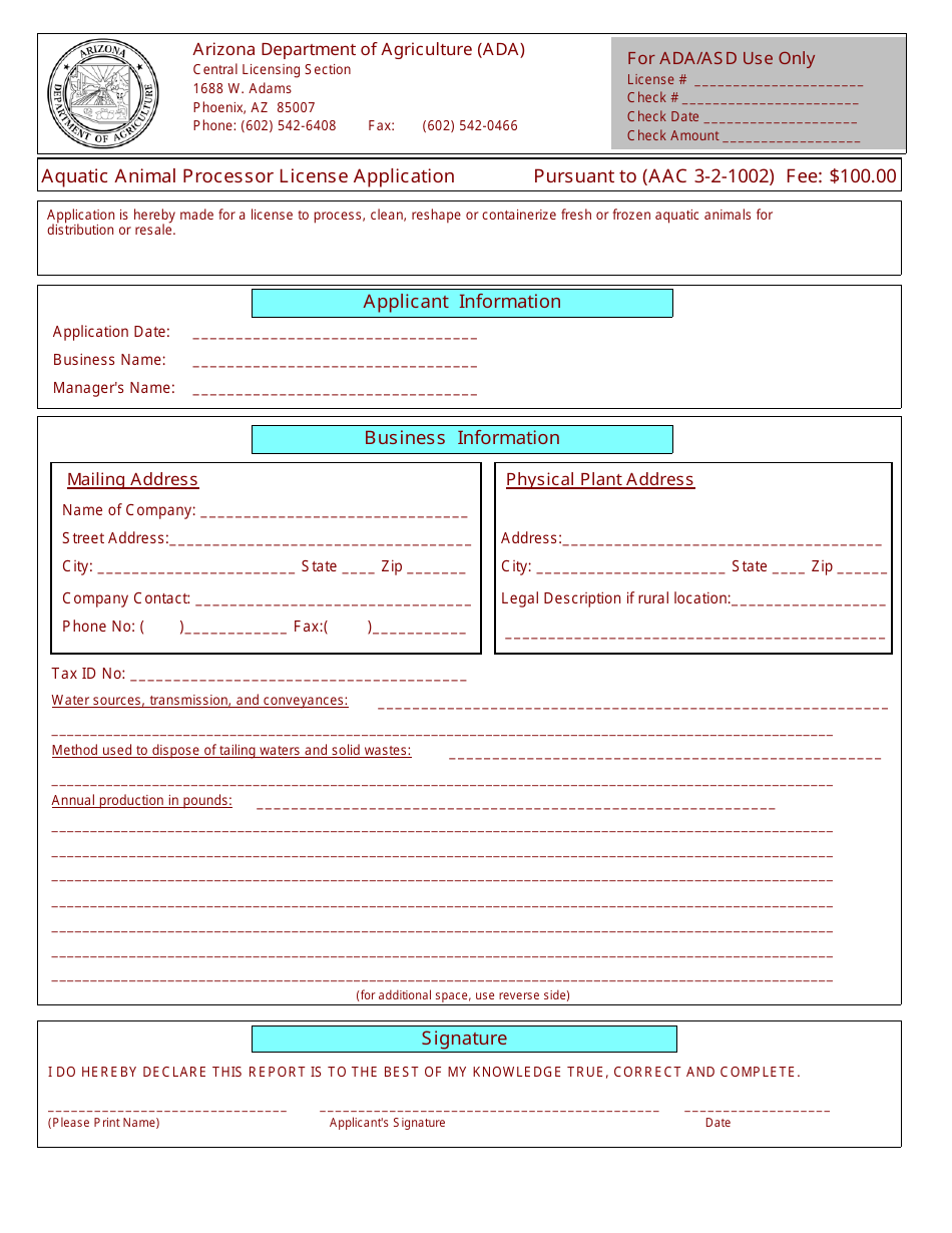 Arizona Aquatic Animal Processor License Application Form - Fill Out ...