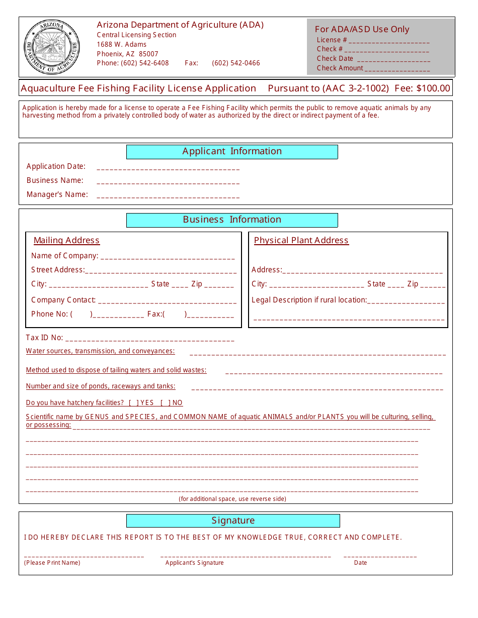 Arizona Aquaculture Fee Fishing Facility License Application Form ...