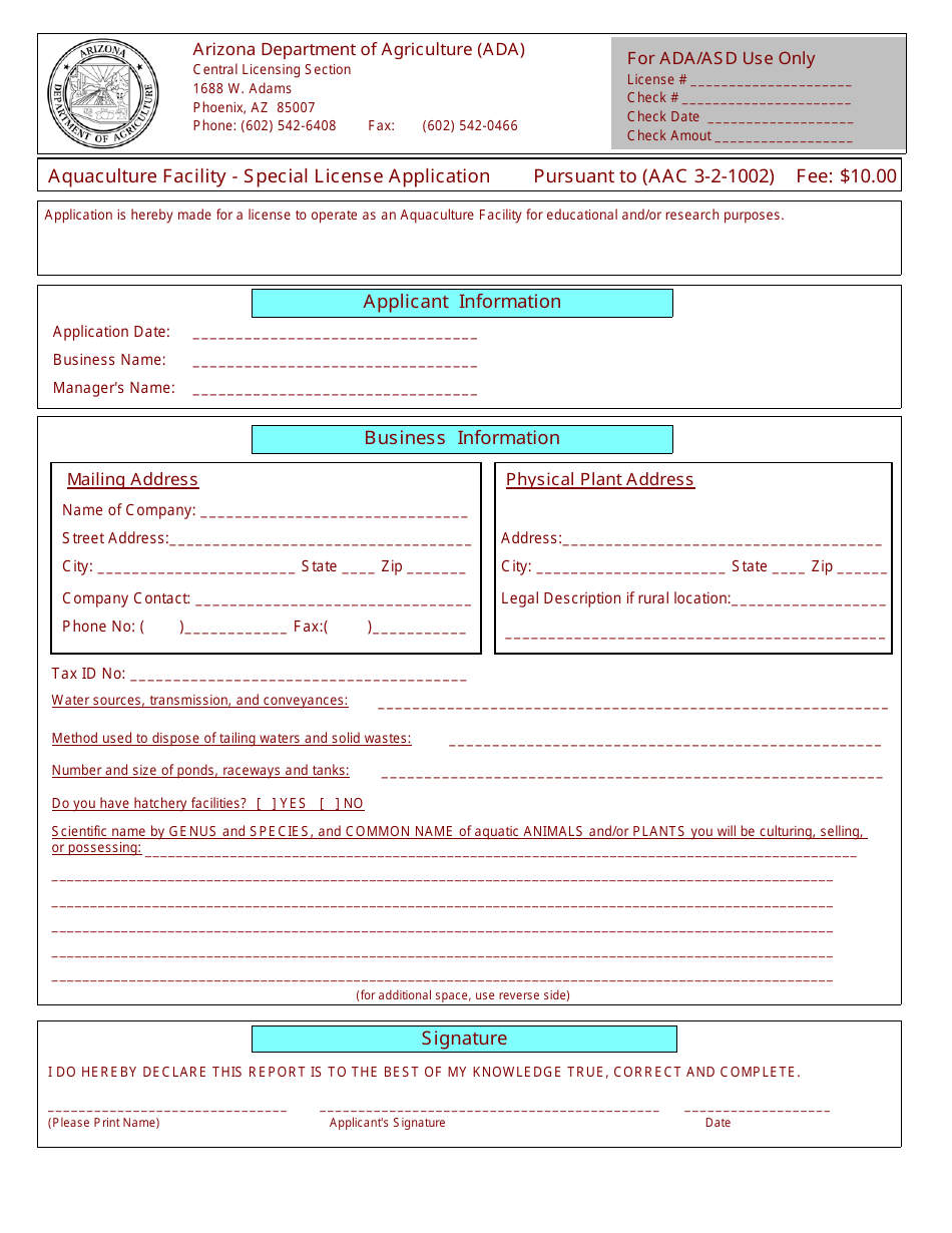 Arizona Aquaculture Facility - Special License Application Form - Fill ...