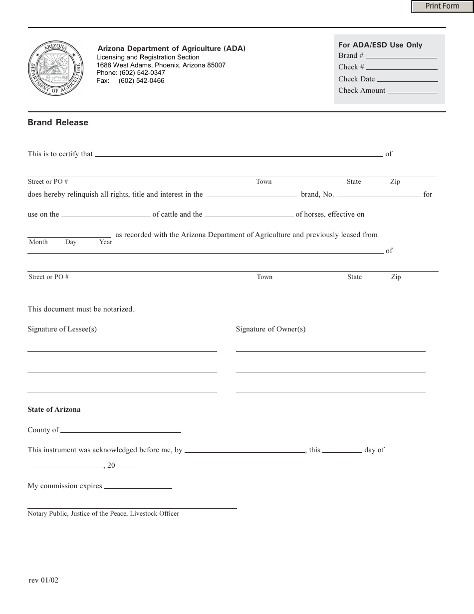 Arizona Brand Release Form - Fill Out, Sign Online and Download PDF ...